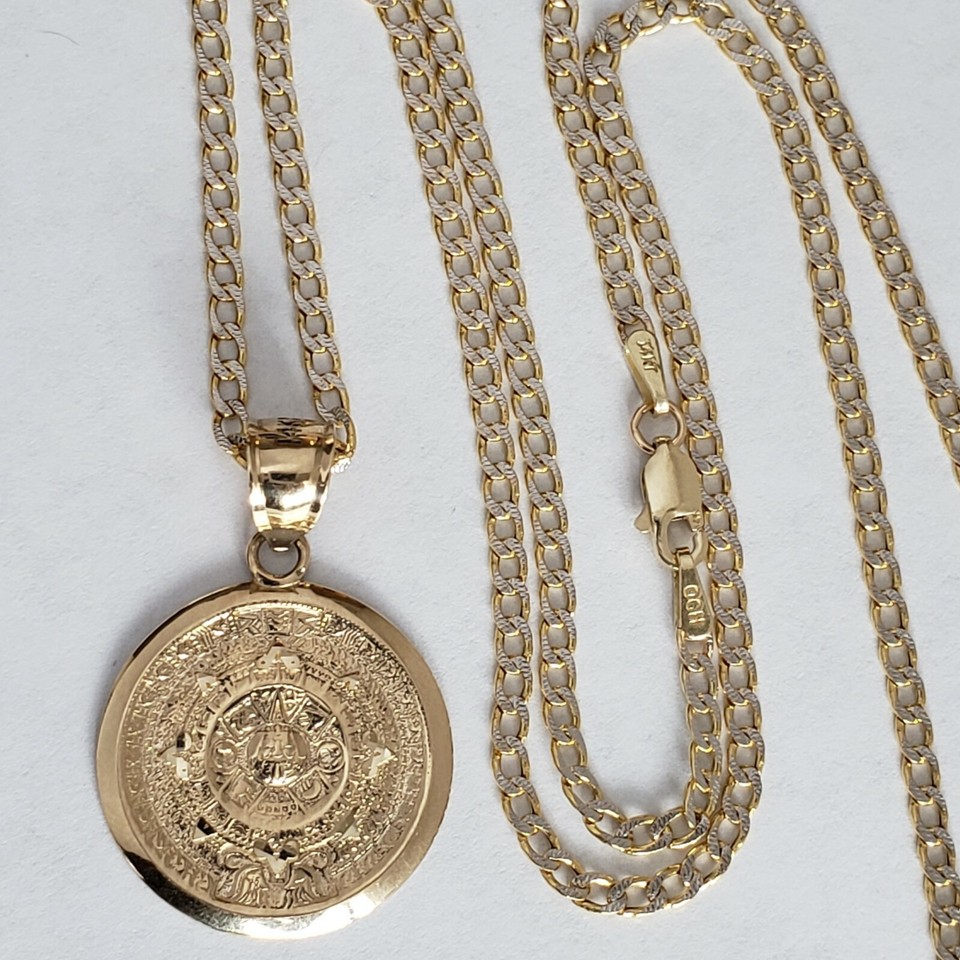 Solid 14k Yellow Gold Aztec Medallion Calendar Pendant 20 Inch cuban ...