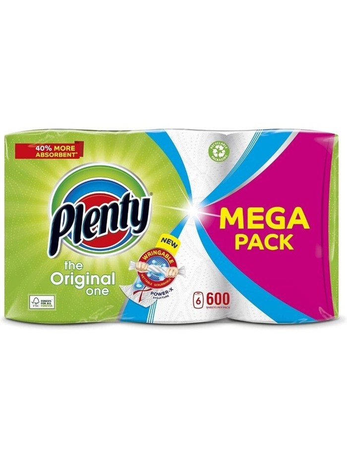 PLENTY Kitchen Towel 6 White paper 600 Sheets of Kitchen Roll 2-Ply ...
