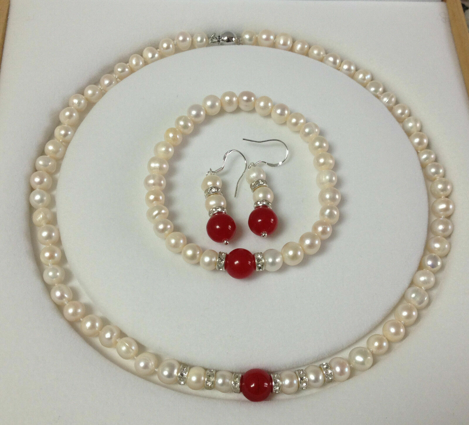 7-8MM White Akoya Cultured Pearl/Red Jade bracelets necklace earrings ...