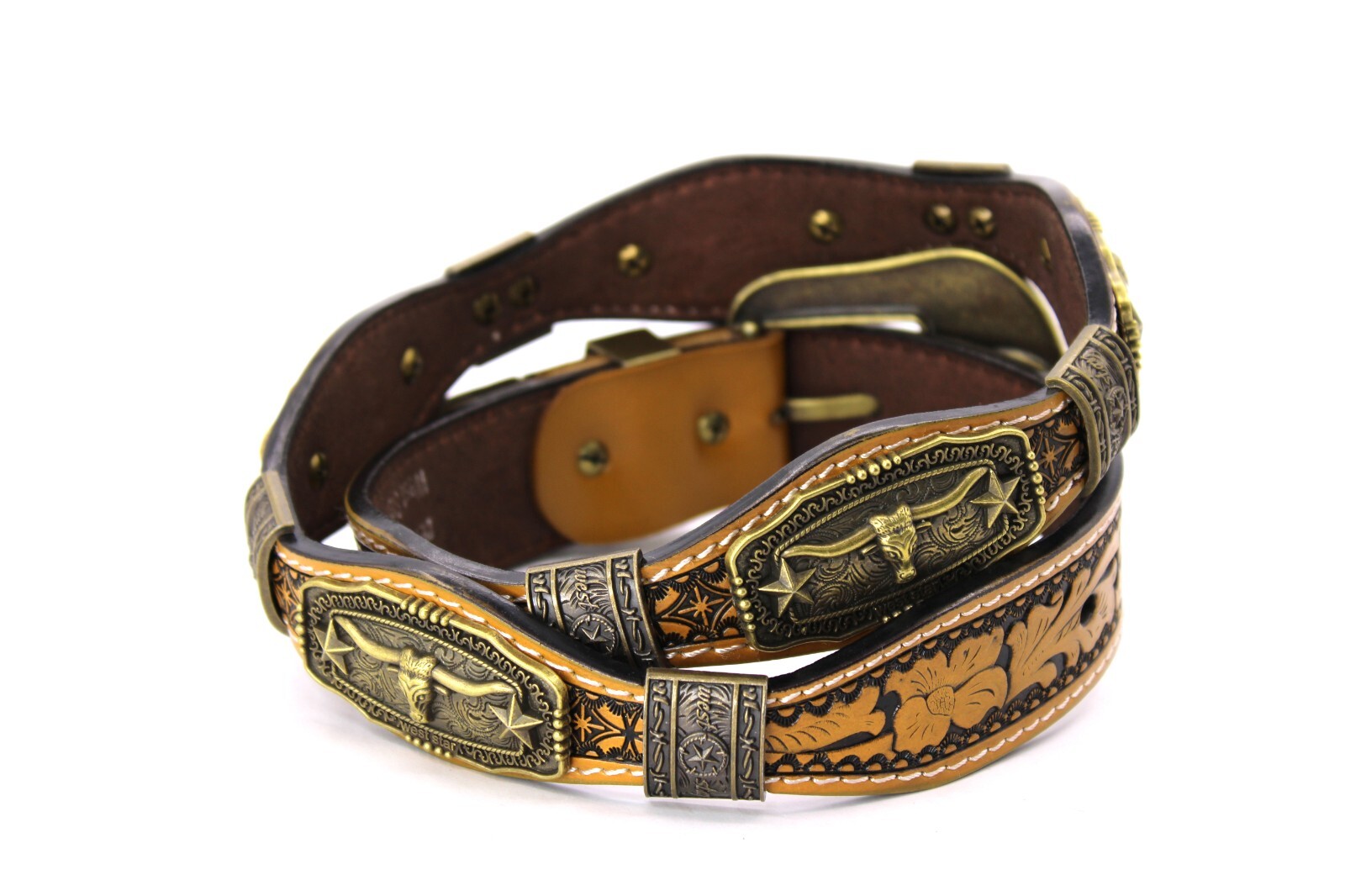 West Curve Belt Cowboy Bronze Gold Concho Longhorn Tan Brown Floral ...