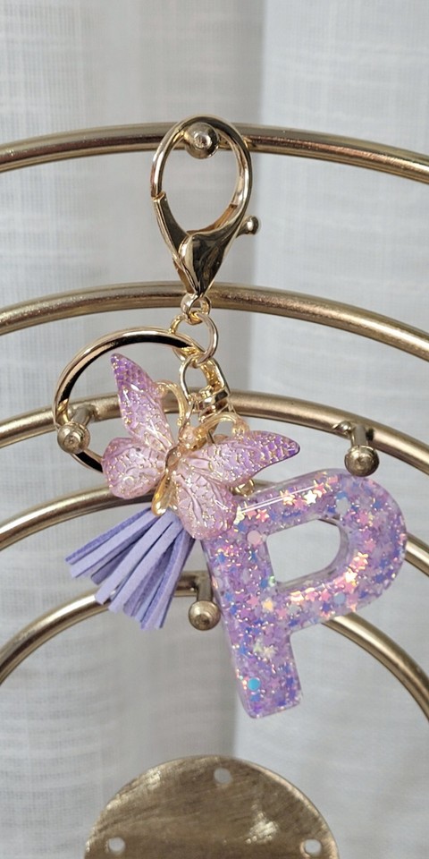 Sparkly Letter "P" Keychain. Butterfly Resin. Backpack charm, car key ...