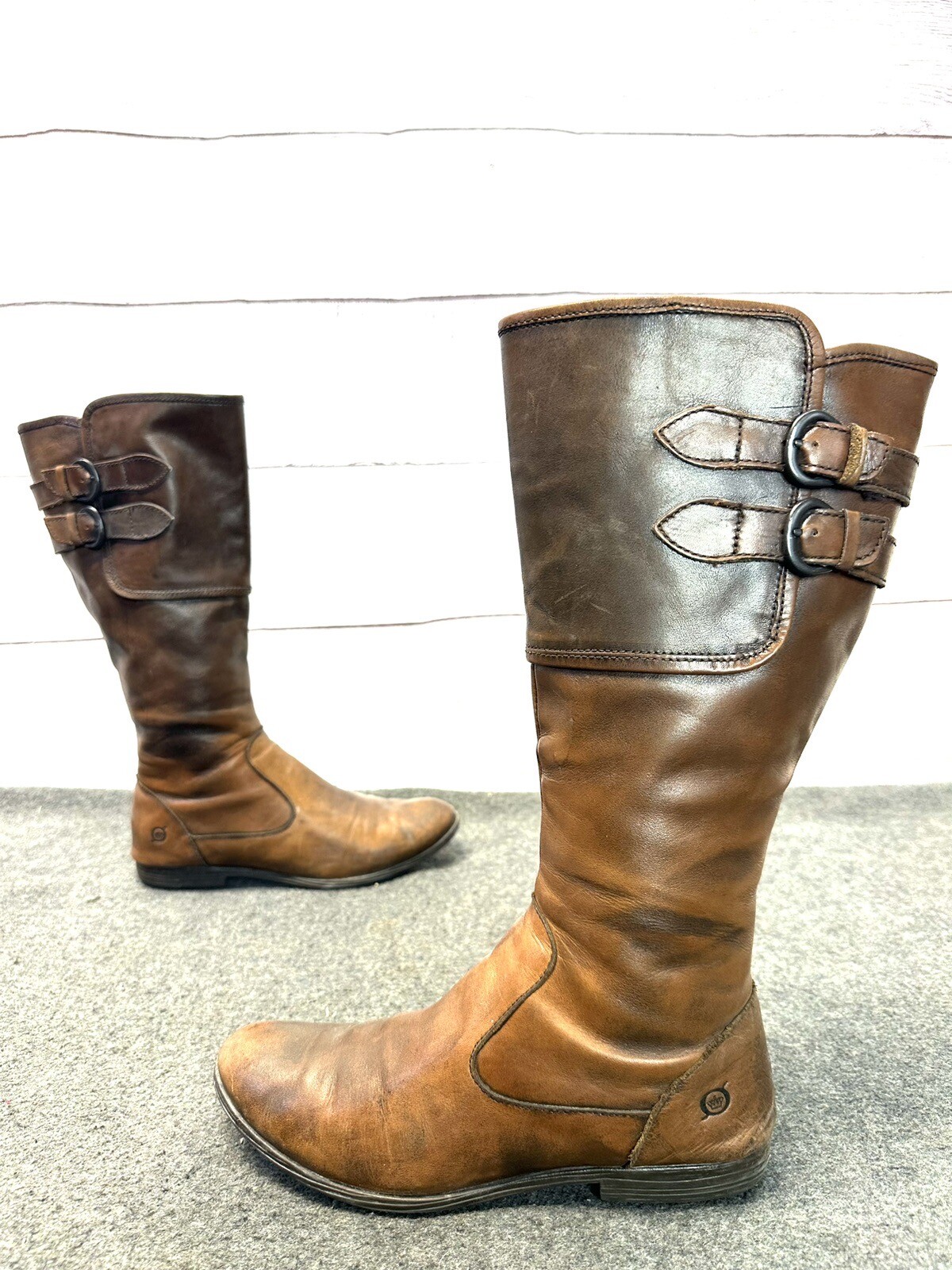 BORN Susanne Brown Leather Harness Tall Boots Side Zip SZ 7.5 D50016 ...