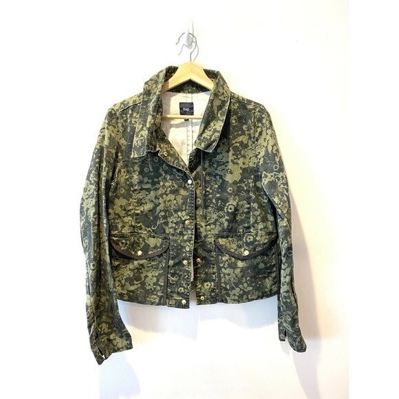 GAP Jacket Green Floral Button Down Collared Basic Ja… - Gem