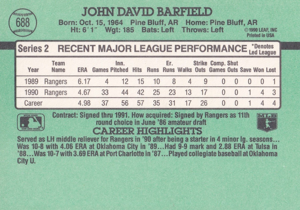 1991 Donruss #688 John Barfield MLB Texas Rangers + (Yes 3 Free Mystery ...
