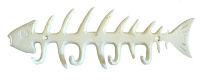 Mr Gecko Cast Iron Hand Made Wall 4 Hook Hanger Fish Bone Antique White ...