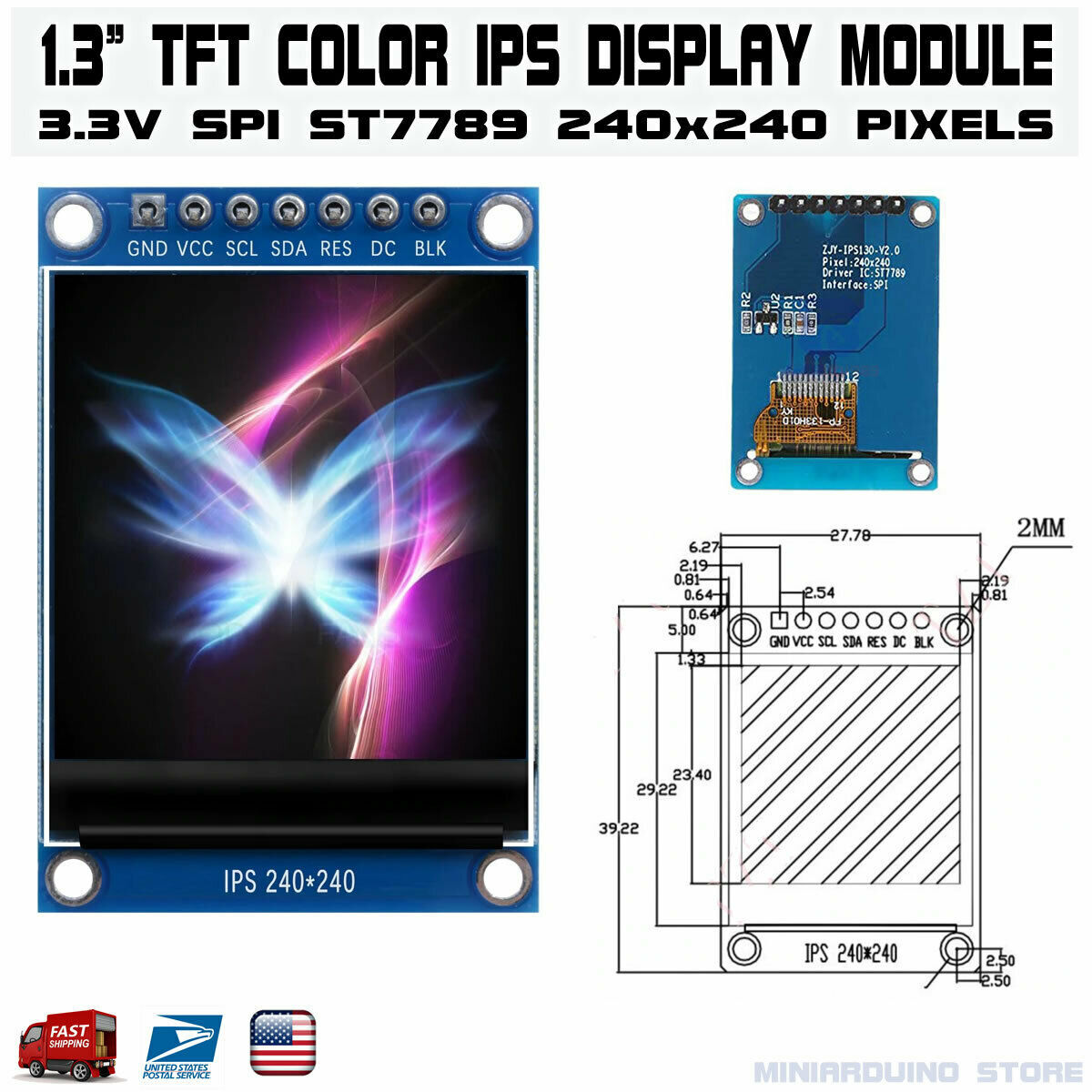 1.3 Inch Color IPS TFT LCD Display Screen Module ST7789 7 Pin 4 Wire ...