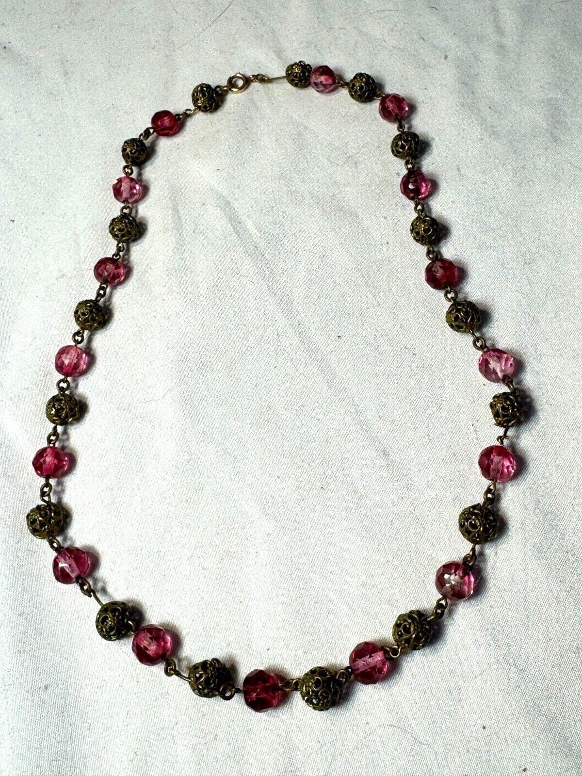 VICTORIAN ANTIQUE DEEP PINK GLASS FILIGREE BRASS NECK… - Gem