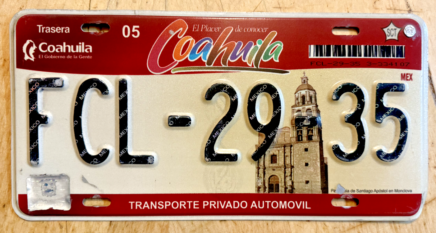 MEXICO MEXICAN MEX COAHUILA LICENSE PLATE " FCL 29 35 " | eBay