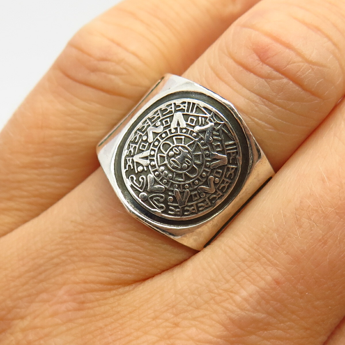 925 Sterling Silver Aztec Calendar Swirl Design Wide Ring | eBay
