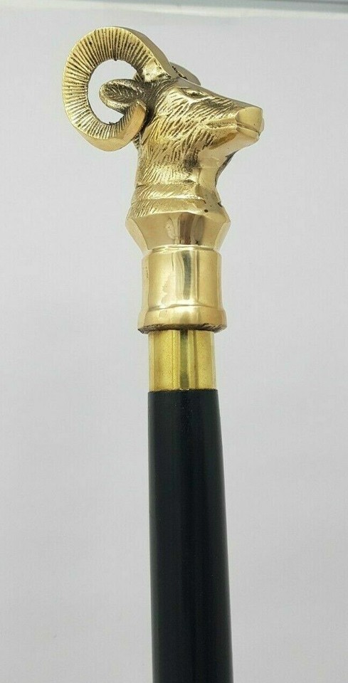 Brass Goat Design Head Handle Victorian Black Wooden Walking Stick ...
