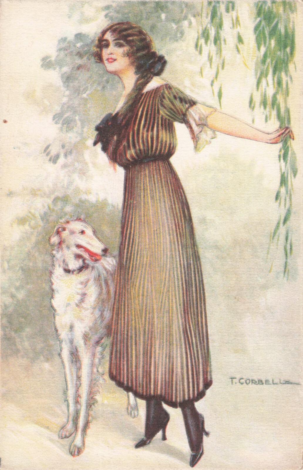 Artist Signed Vintage Postcard T. Corbella Pretty Lady Striped Dress ...