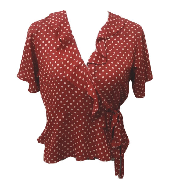 MIRROU Red/White Polka Dot Sheer Wrap Top. Size 8. GUC - Gem