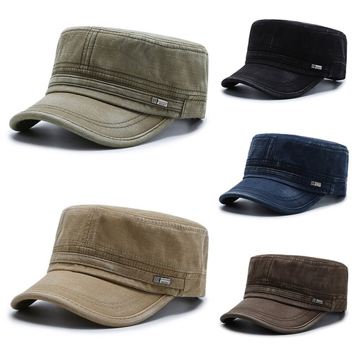 Men's Classic Vintage Washed Military Cap Flat Top Adjustable Fitted ...
