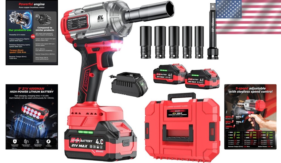 Cordless Impact Wrench Brushless 1200Nm 900Ft-lbs 1/2in High Torque ...
