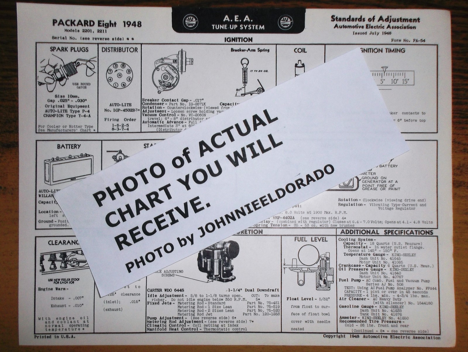 1948 Packard EIGHT Series 2201 & 2211 Models AEA Tune Up Chart | eBay