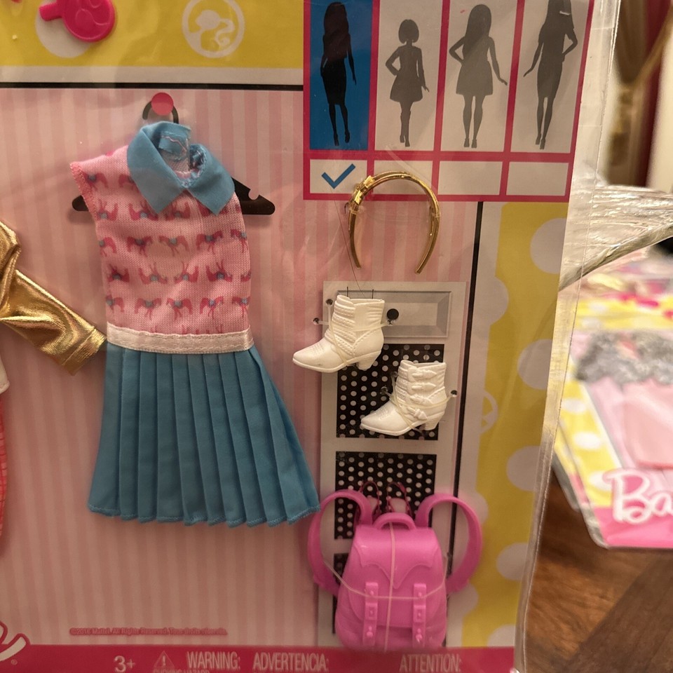 BARBIE 2016 SEVEN PC FASHION PACK Pink / Blue DRESS & Pink Backpack FBB79 NEW | eBay