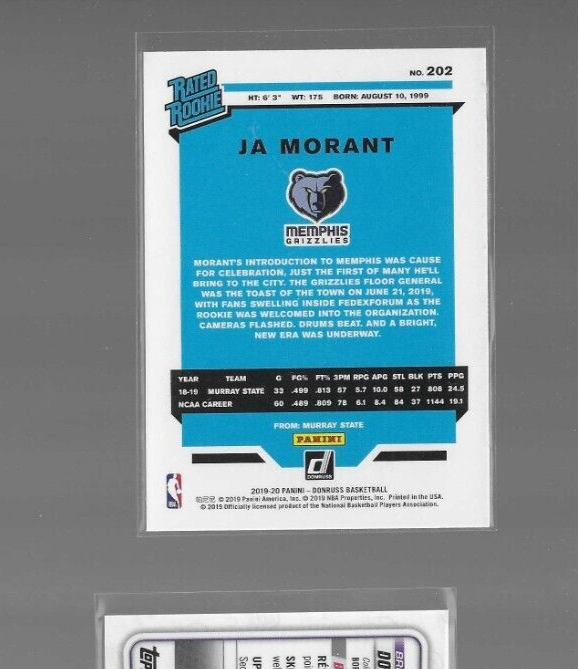 2019-20 Donruss Ja Morant Rated Rookie Card RC #202 Memphis Grizzlies ...