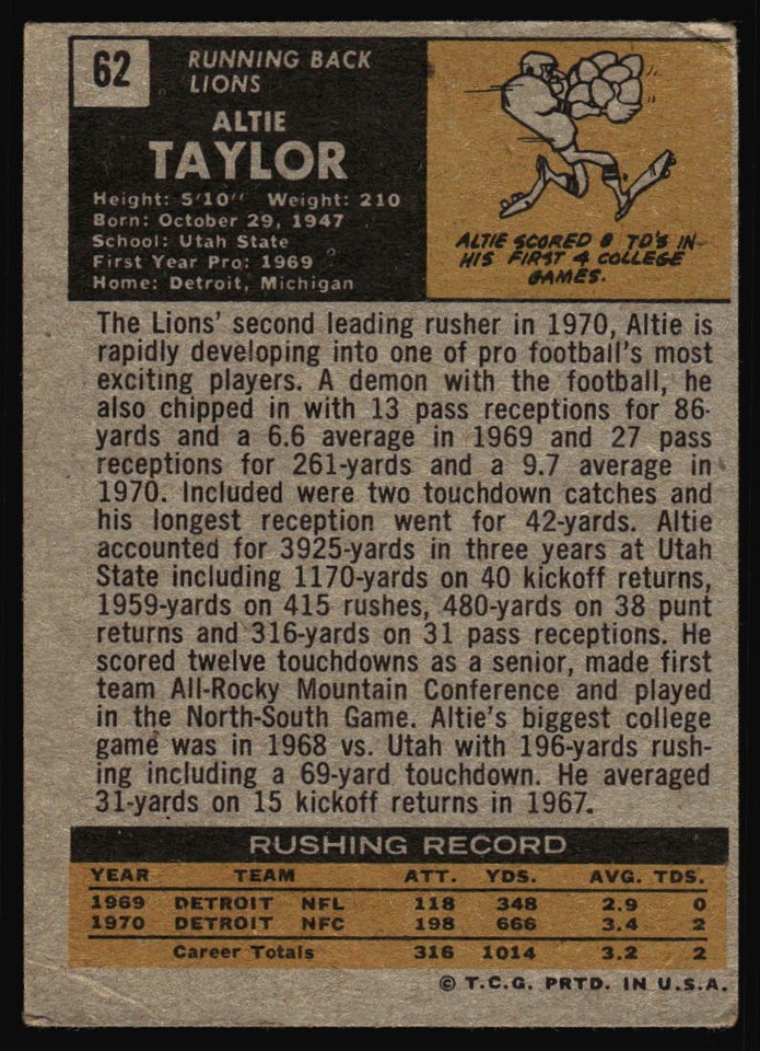 1971 Topps Altie Taylor Rookie #62 Detroit Lions L2 | eBay
