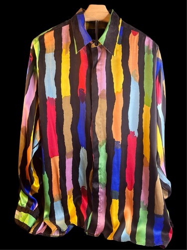 Genelli Shirt Mens L Silk Multicolor Disco Paint Designer Brush Strokes ...