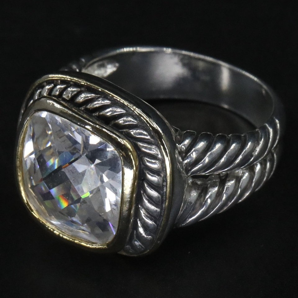 Sterling Silver - White CZ Solitaire Two-Tone Braided Men's Ring Size 8 ...