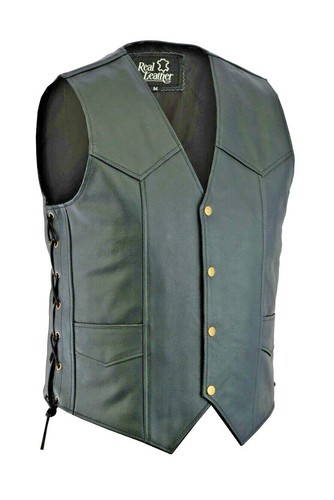 Mens Real Leather Black Classic Waistcoat Motorcycle Gillette Vest Side ...