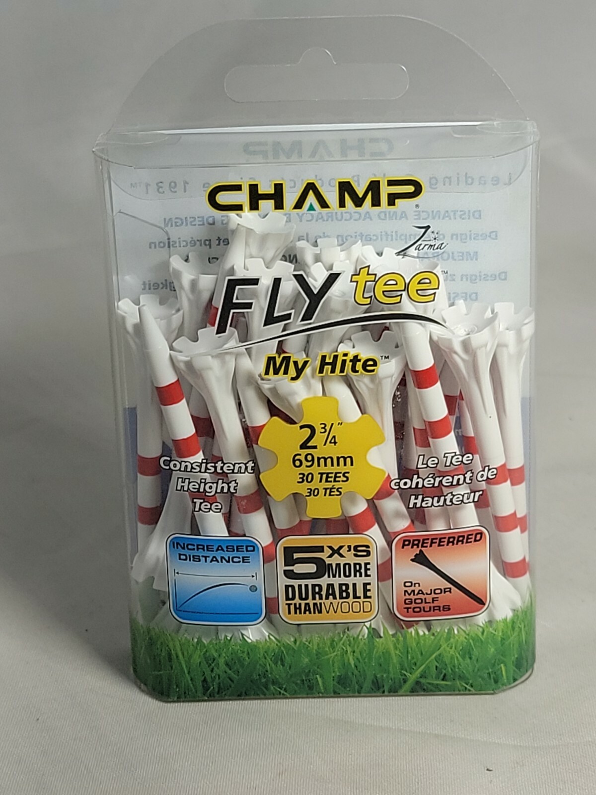 Pack of 30 Champ Fly Tee 2 3/4" 5x's More Durable 69mm MyHite White/Red ...