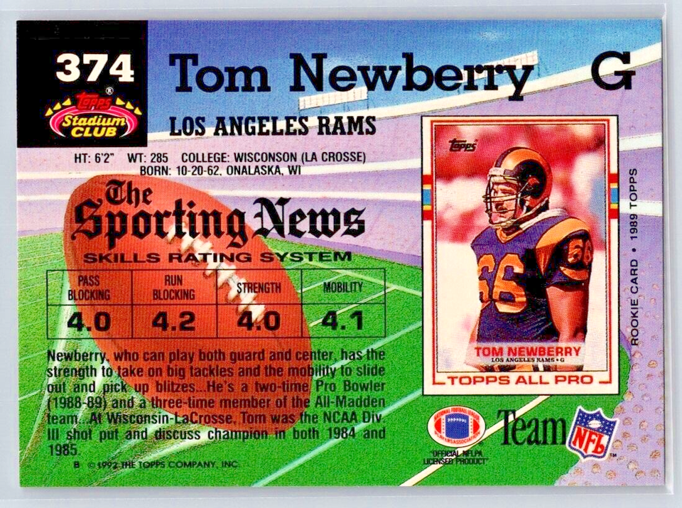 1992 Topps Stadium Club - Tom Newberry - Los Angeles Rams - Base - #374 ...