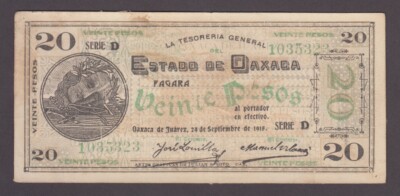 MEXICO P.s.959b-5323 20 PESOS 249.1915 SERIE D PAPER ON CLOTH VF 2401 ...