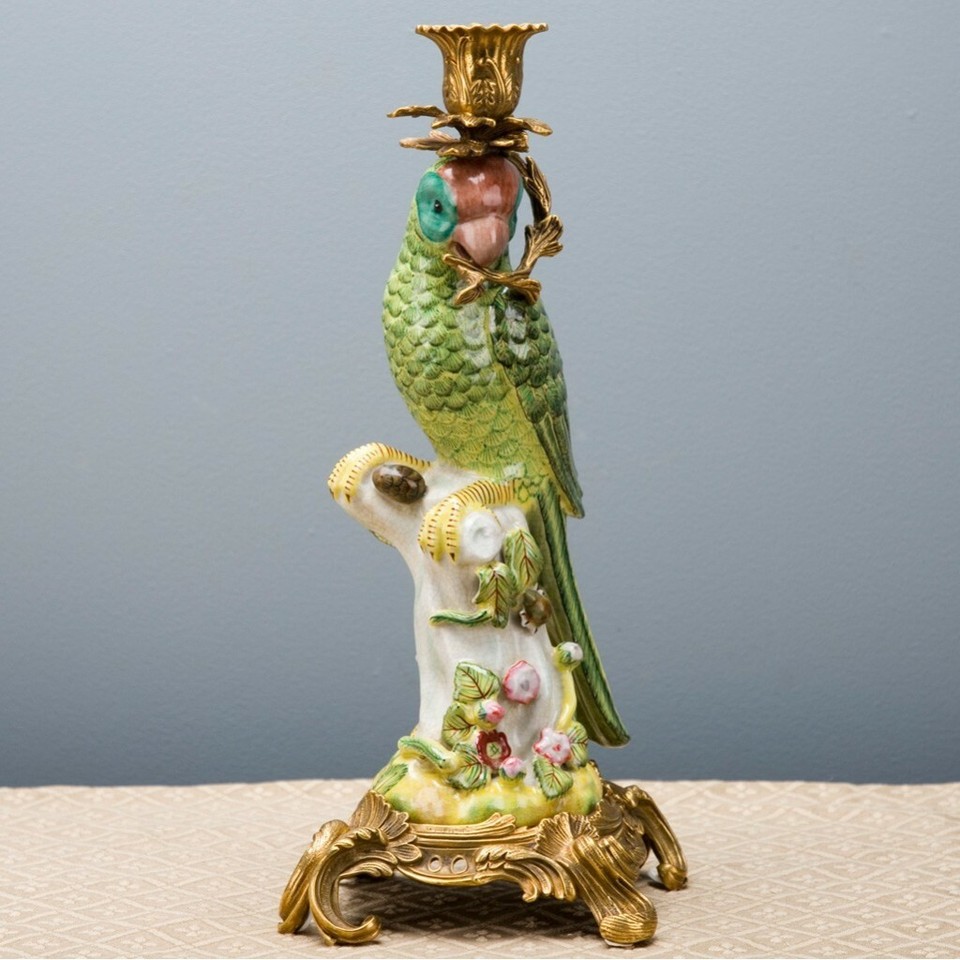 Porcelain Bronze Ormolu Green Parrot Birds Candlesticks Candle Holder ...