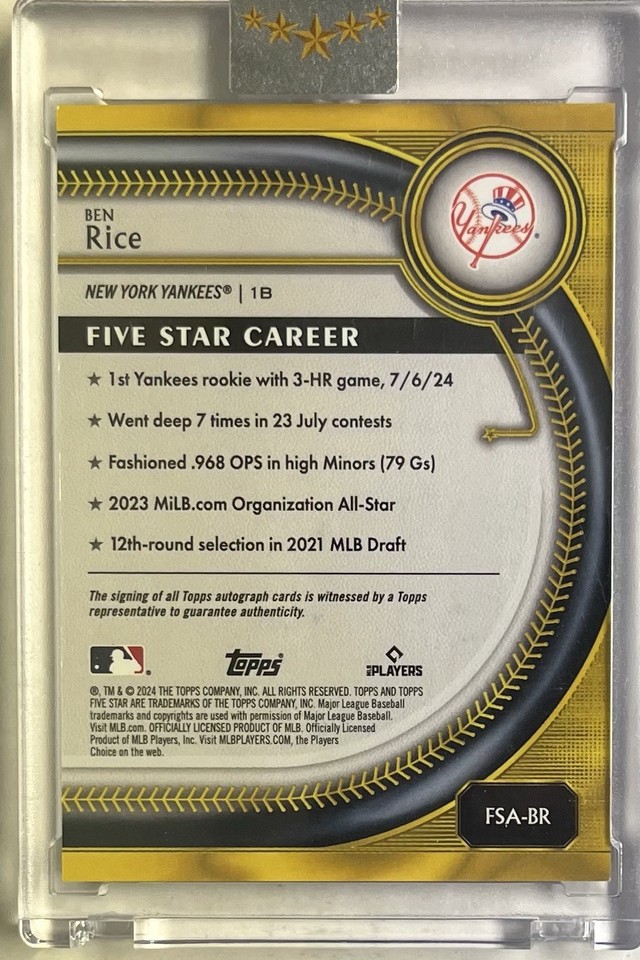 2025 Topps Five Star Autograph Ben Rice New York Yankees RC #15/99 ...