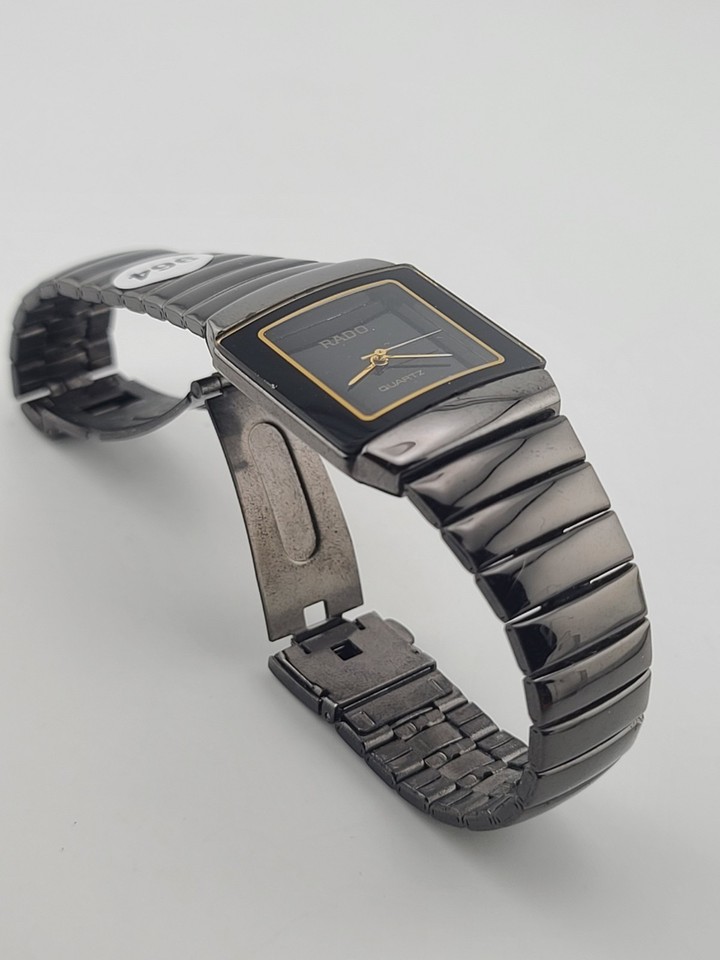 Vintage Rado Rectangular Quartz Watch Black Dial Gold Trim Swiss Design ...