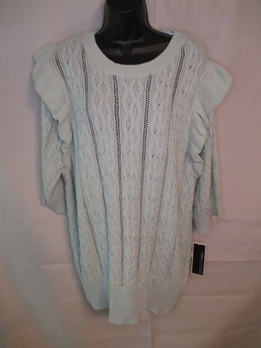 DESIGN 365 Cotton Blend 2X Mint Short Sleve Ruffle Cable Knit Sweater ...
