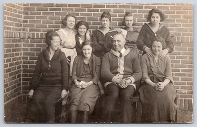 Group photo people by brick wall vintage fashion happy friends Rppc ...