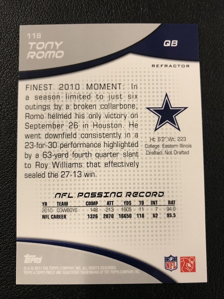 2011 Topps Finest Football #118 Tony Romo Refractor /399 Dallas Cowboys ...