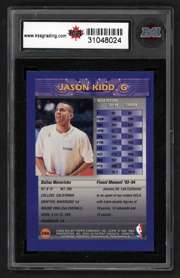 1994-95 TOPPS FINEST #286 JASON KIDD ROOKIE CARD KSA 10 GEM MINT | eBay