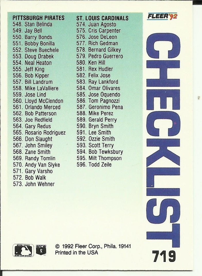 1992 Fleer CHECKLIST #719 - Mets - Phillies- Pirates - Cardinals ...