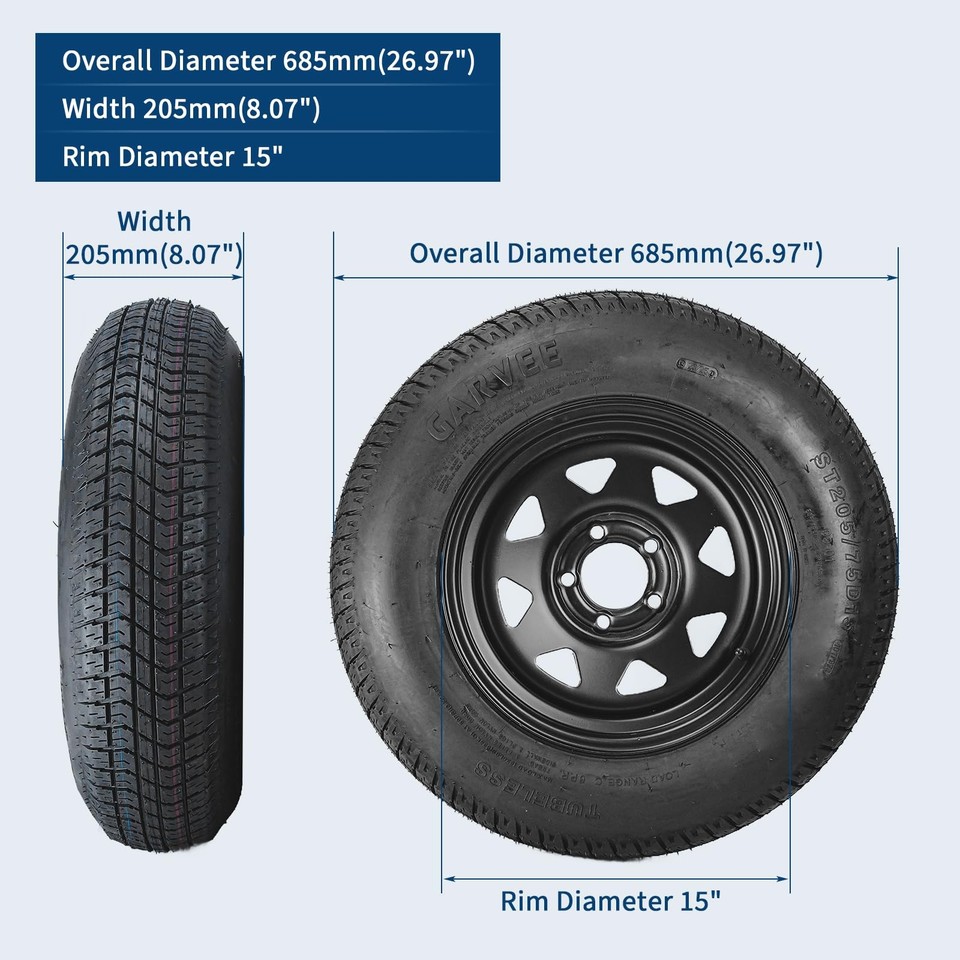 4 pcs ST205/75D15 Trailer Tires and Black Wheels 15" Load Range C 5 Lug ...