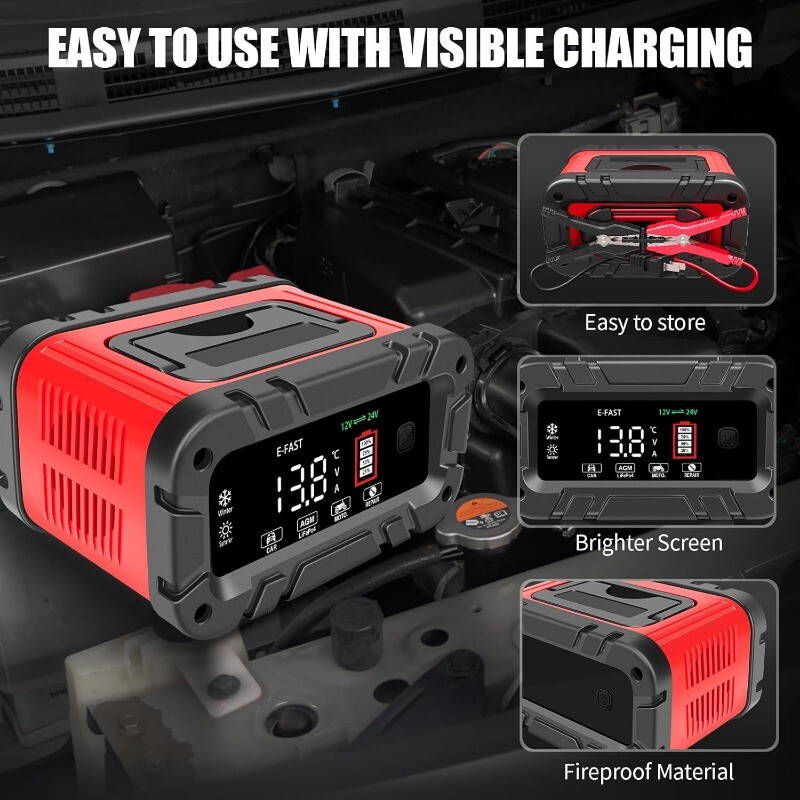 Smart 10A Car Battery Charger – Auto Detect 12V & 24V for Cars & Trucks ...
