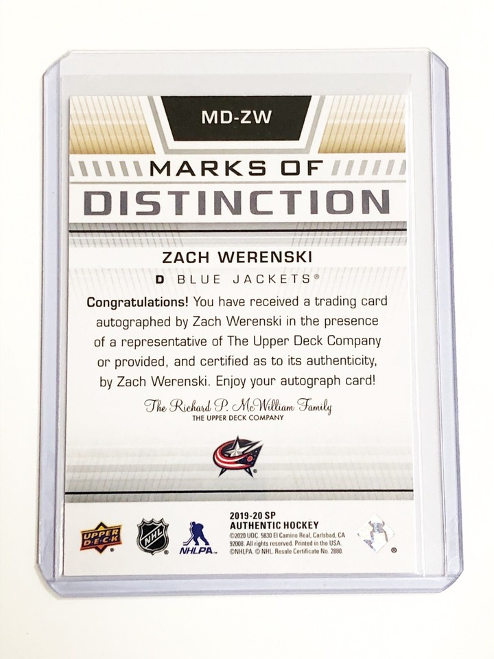 19-20 Upper Deck SP Authentic Zach Werenski Marks Of Distinction Auto ...