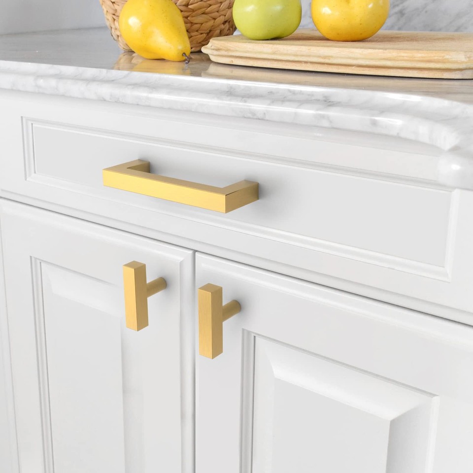 10 Pack Brushed Gold Cabinet Pulls 3.75" Hole Centers Kitchen Hardware ...