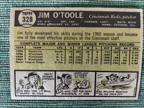 1961 TOPPS #328 JIM O'TOOLE vintage baseball card - VG+ | eBay