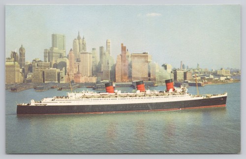 Cunard RMS Queen Mary in New York Harbor 1950s Postcard Luxury Ocean ...