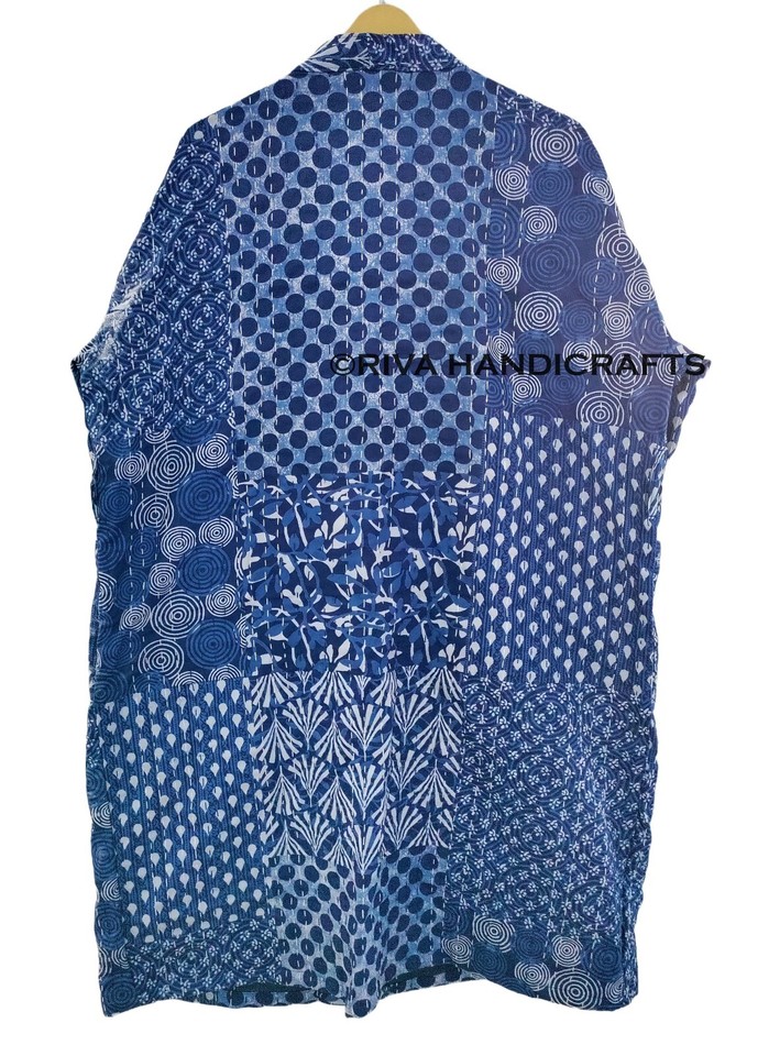 Indian Indigo Print Kantha Quilted Handmade Blue Boho Winter Mid-Length ...