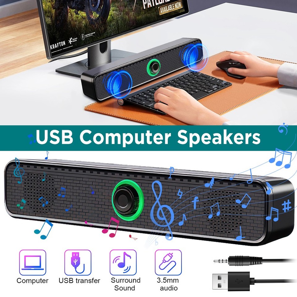 LED USB Powered Wired Sound Bar Computer Speakers Soundbar For PC ...