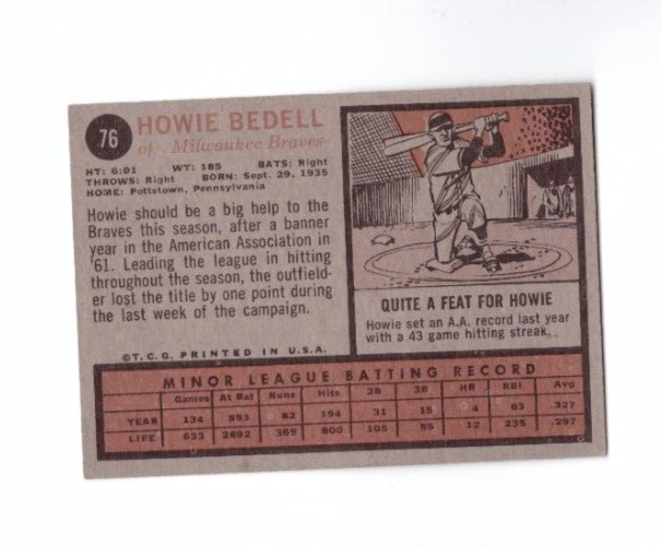 1962 Topps Baseball card # 76 Howie Bedell Braves 1962 Rookie | eBay