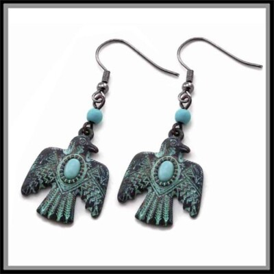 Western Stamped Patina Copper Thunderbird Small Earrings Wire Cowboy ...