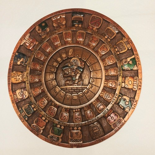 Hand Carved Maya Haab Calendar Wood Painted Glyphs Vtg Folk Art Mexico ...