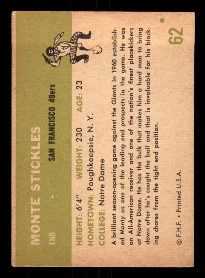 1961 Fleer Football #62 Monte Stickles VG *e1 | eBay