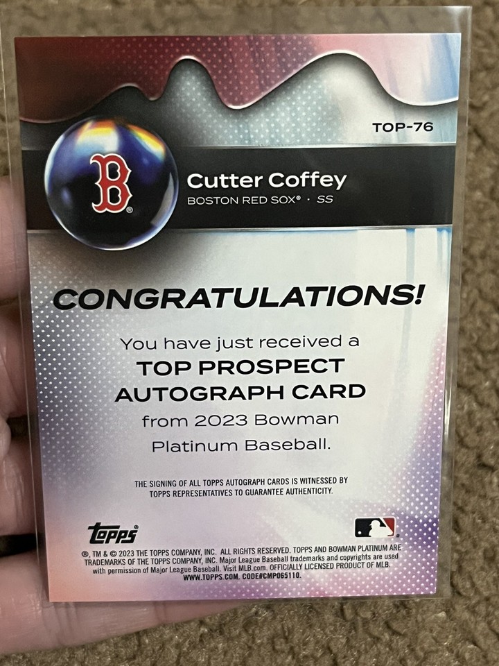 2023 Bowman Platinum Cutter Coffey Auto #TOP-76 Boston Red Sox Top ...