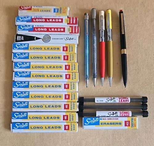 Vintage Scripto Mechanical Pencil Lot 4 Pencils, Pen, 1 6 Box of Lead ...